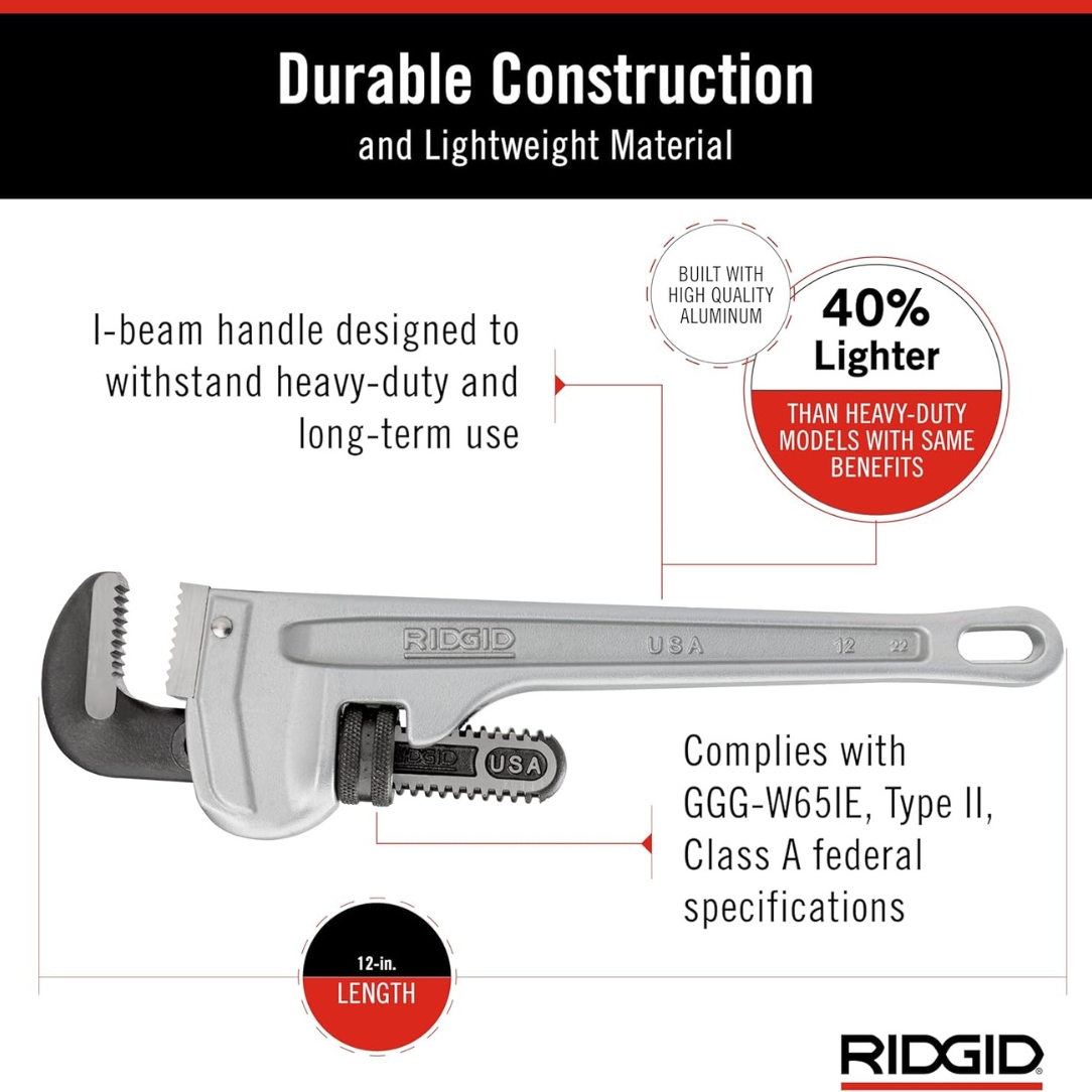Ridgid Light Ridgid 12" Aluminum Straight Pipe Wrench, Serrated, Tether ...