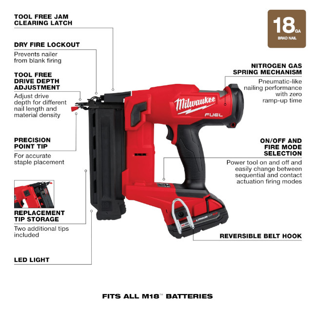 Milwaukee 2746-21CT M18 FUEL 18 Gauge 2-1/8" Brad Nailer Kit