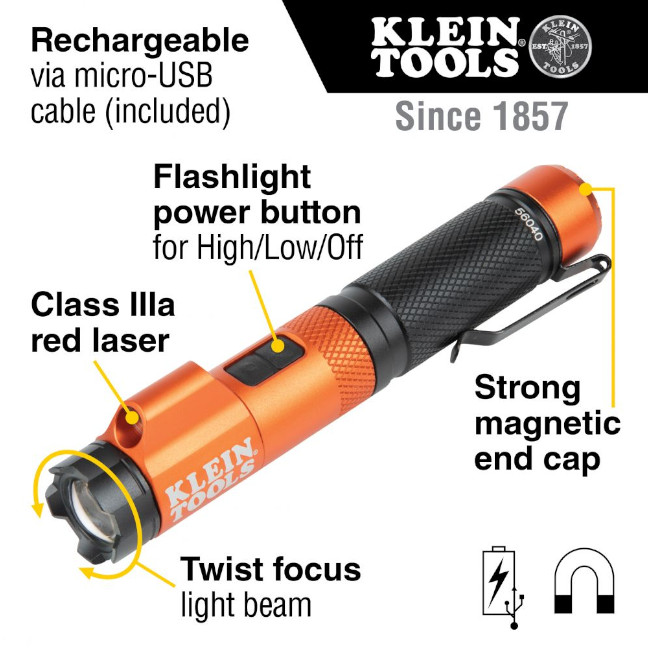 Klein 56040 Rechargeable LED Focus Flashlight with Laser