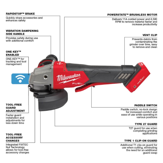 Milwaukee 2882-20 M18 FUEL 4-1/2"-5" Braking Grinder