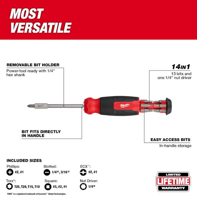 Milwaukee 48-22-2900 14-in-1 Multi-Bit Screwdriver - PH/SL/ECX/TX/SQ ...
