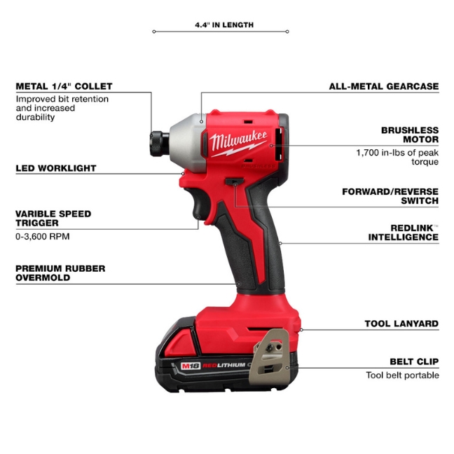 Milwaukee 3650-22CT M18 1/4" Compact Hex Impact Driver Kit