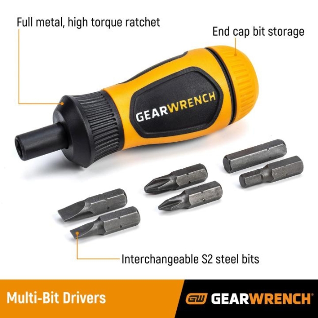 GearWrench 80061R 6-in-1 Stubby Ratcheting Multi-Bit Driver 7-Piece ...