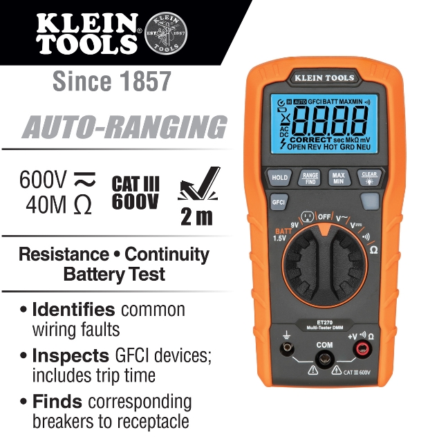 Klein ET270 Digital Multi-Tester DMM with Receptacle Tester - BC ...