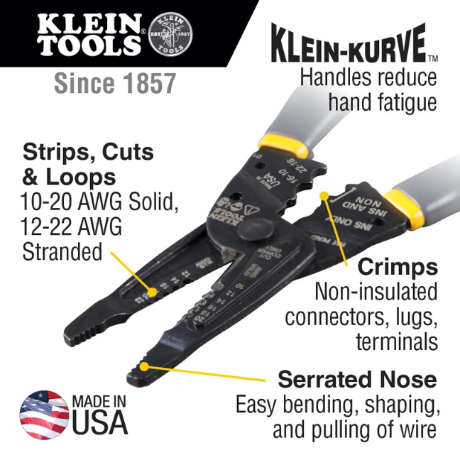 Klein 1009 KLEIN-KURVE Long-Nose Wire Stripper / Wire Cutter / Crimping ...