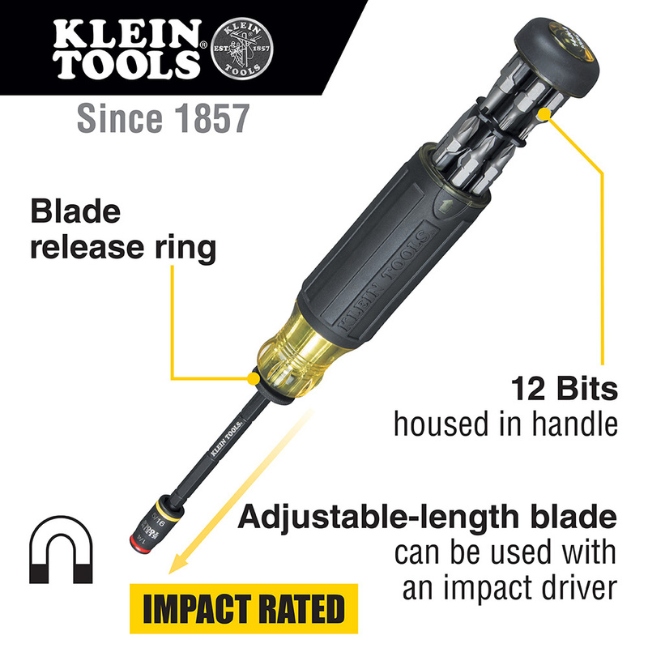 Klein 32304 14-in-1 HVAC Adjustable-Length Impact Screwdriver with Flip ...