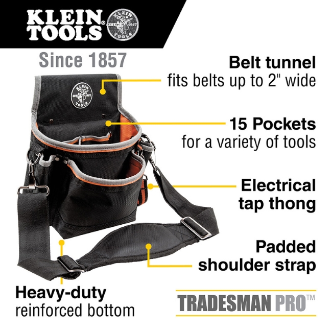 Klein 5243 11-1/2" x 4-1/2" x 10" TRADESMAN PRO 15-Pocket Tool Pouch ...