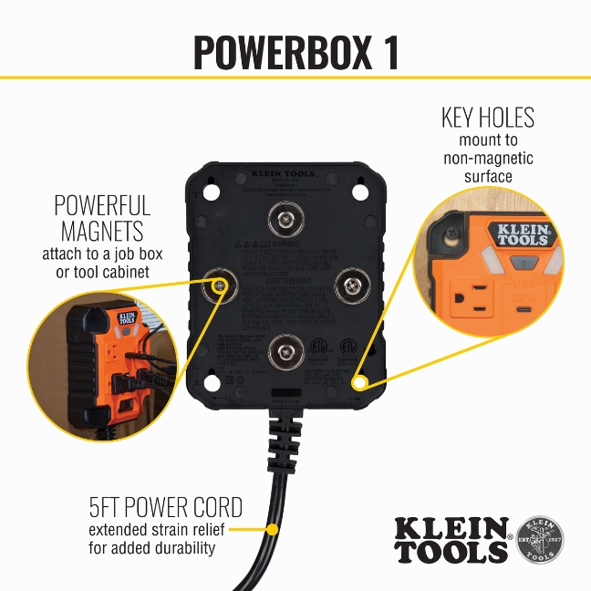 Klein 29601 PowerBox 1 Magnetic Mounted Power Strip with Integrated LED ...