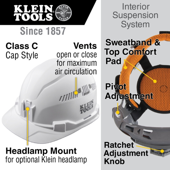 Klein 60105 Cap-Style Vented Hard Hat - White