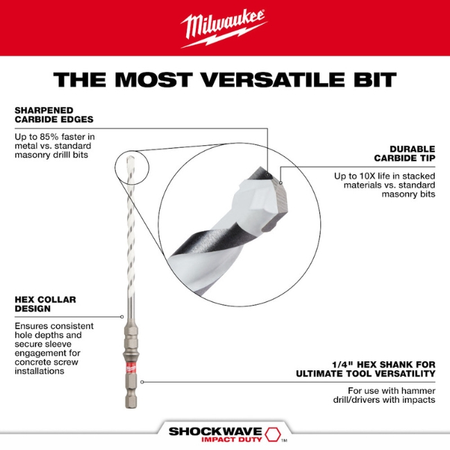 Milwaukee 48-20-8877 SHOCKWAVE IMPACT DUTY Carbide Multi-Material Drill ...