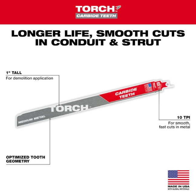 Milwaukee 48-00-5353 TORCH 12" 10TPI Carbide Tipped SAWZALL Blade for ...