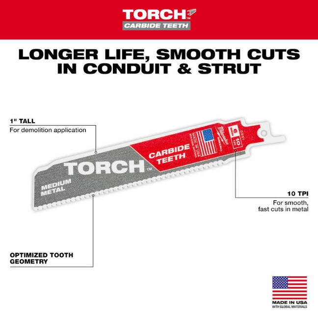 Milwaukee 48-00-5551 TORCH 6" 10TPI Carbide Tipped SAWZALL Blade for ...