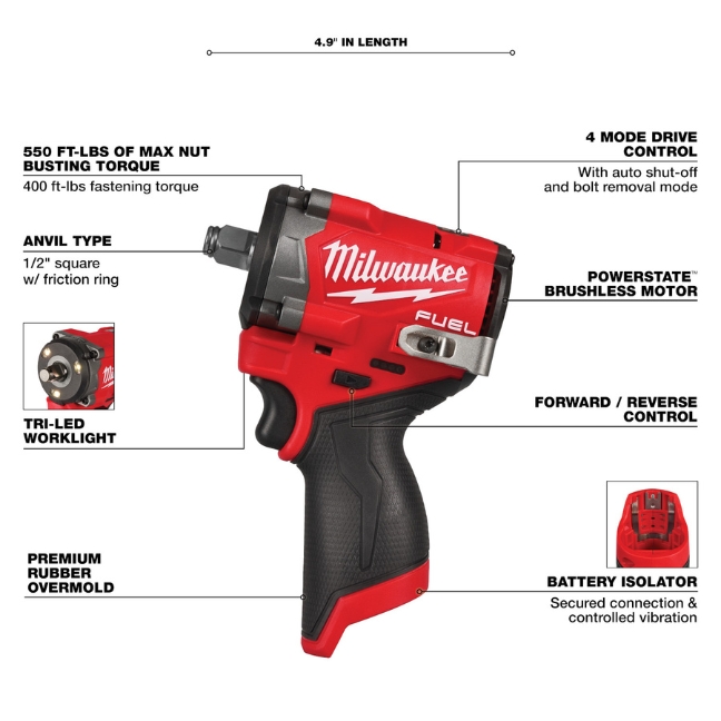 Milwaukee 2563-20 M12 FUEL 1/2" Drive Stubby Impact Wrench - Tool Only ...