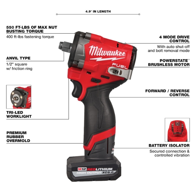 Milwaukee 2563-22 M12 FUEL 1/2" Drive Stubby Impact Wrench Kit - BC ...