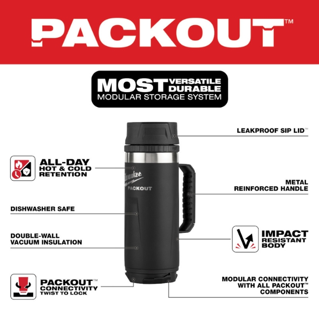Milwaukee 48-22-8394B PACKOUT 18oz Insulated Mug with Sip Lid - Black ...
