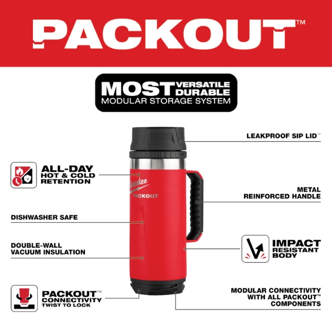 Milwaukee 48-22-8394R PACKOUT 18oz Insulated Mug with Sip Lid - Red ...