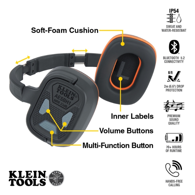 Klein AESBH1 Bluetooth Behind-The-Head Earmuffs - BC Fasteners & Tools
