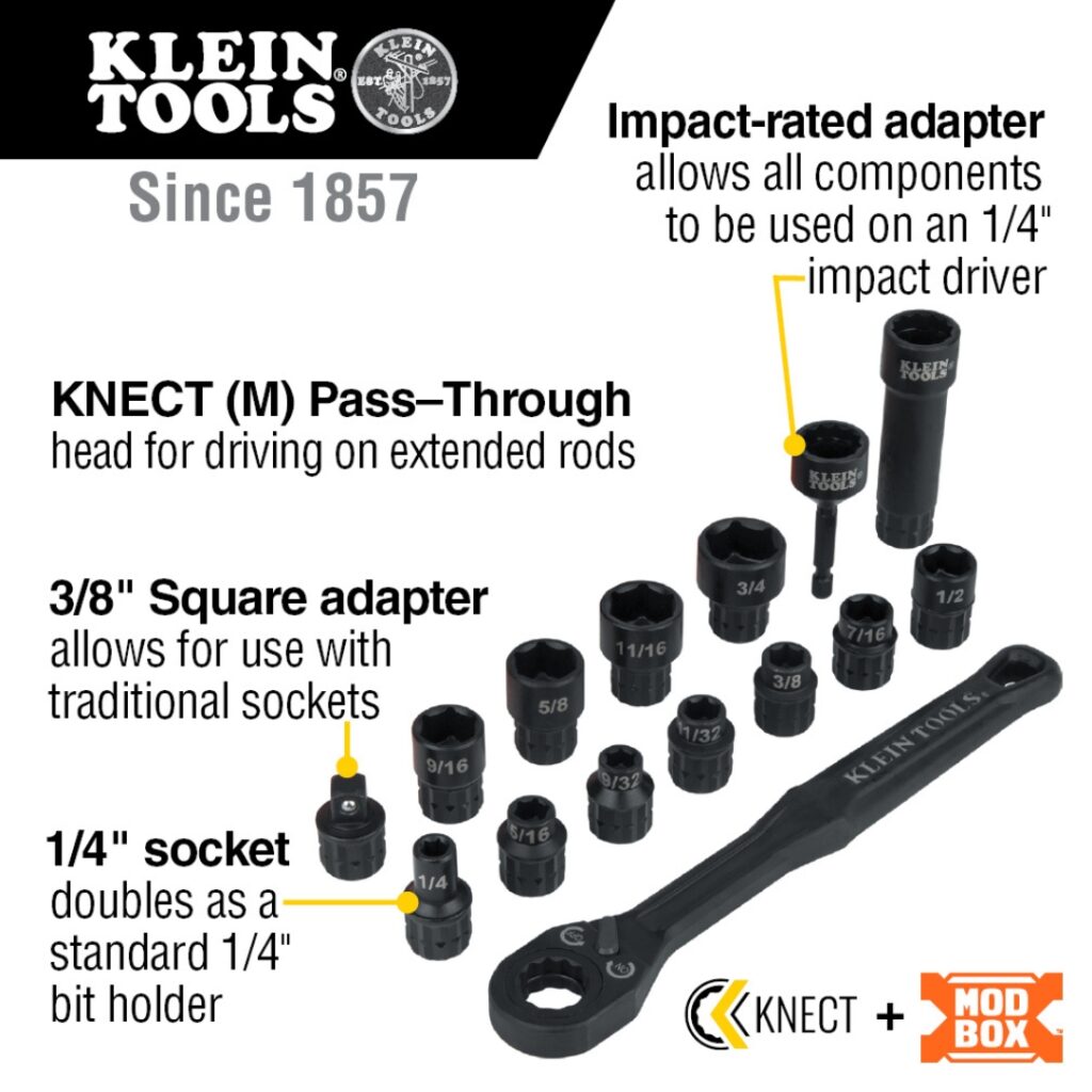 Klein 65400 KNECT 3/8" Drive Impact-Rated Pass-Through Tool Set 15 ...